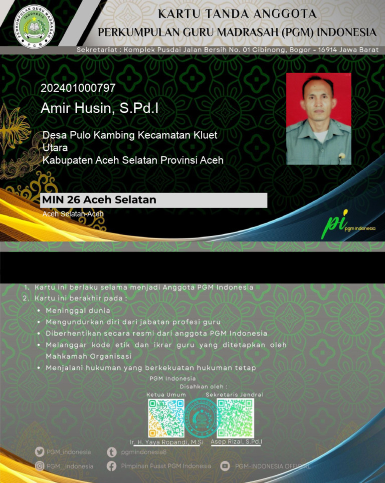Kartu Tanda Anggota PGM Indonesia Amir Husin, S.Pd.I | PDF