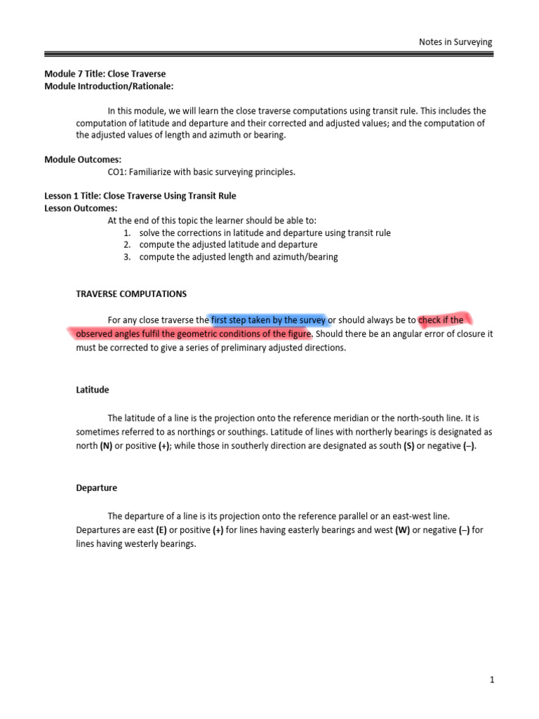 CES 201 Module Close Traverse Transit Rule | PDF | Surveying | Latitude
