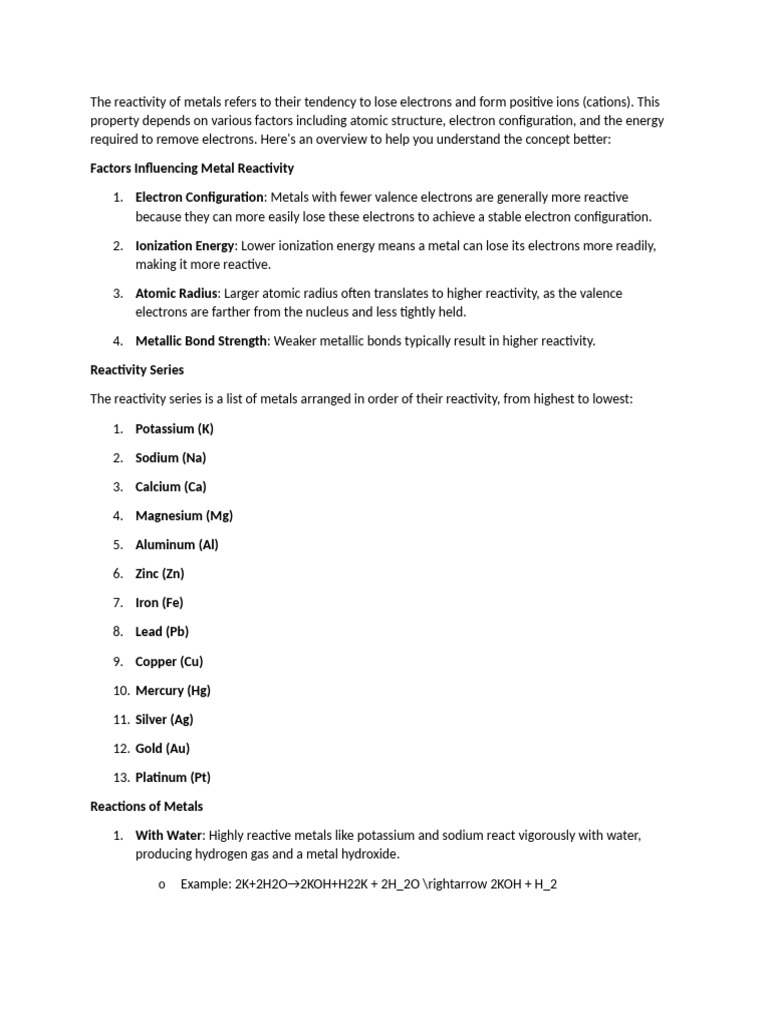The reactivity of metals refers to their tendency to lose electrons and ... The reactivity of metals refers to their tendency to lose electrons and ...