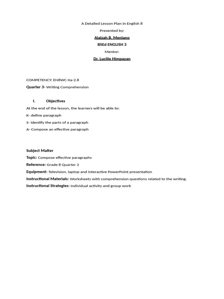 Effective Paragraph Writing Lesson Plan | PDF | Hamburgers | Paragraph