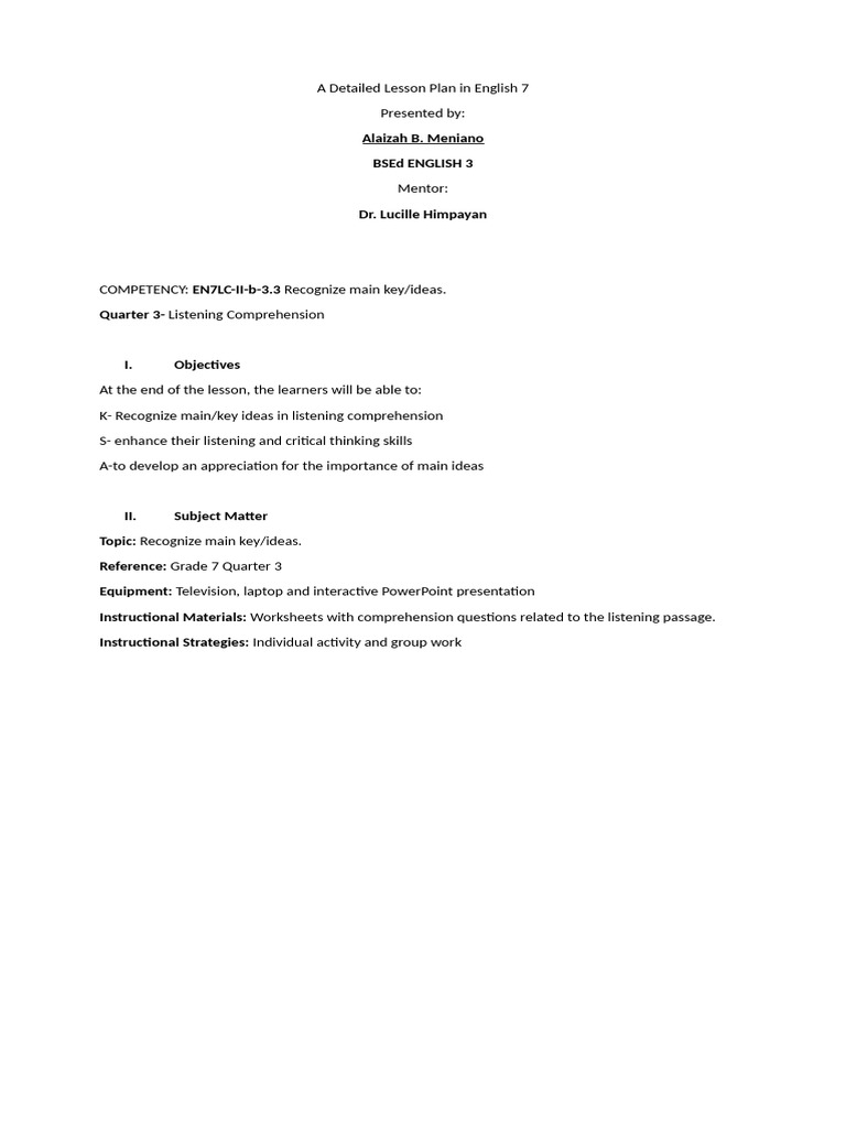 English 7 Lesson Plan: Listening Skills | PDF | Lesson Plan | Reading ...