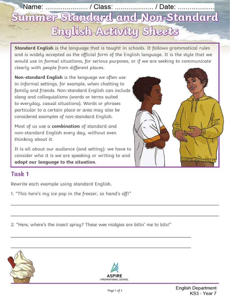 Standard vs. Non-Standard English Homework - Year 7 | PDF | English ...
