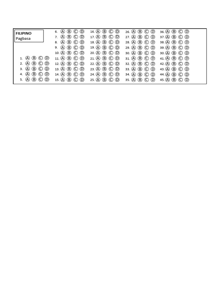 NAT Practice Answer Sheet (FIL 45 Items) | PDF