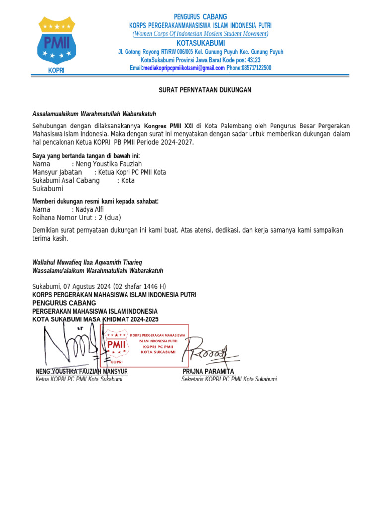 SURAT DUKUNGAN KOPRI PC PMII KOTA SUKABUMI TTD | PDF