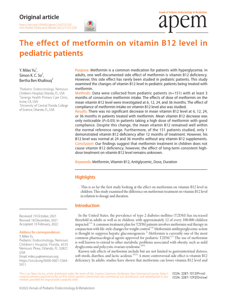 Metformin's Impact on Kids' Vitamin B12 | PDF | Vitamin B12 | Dose ...