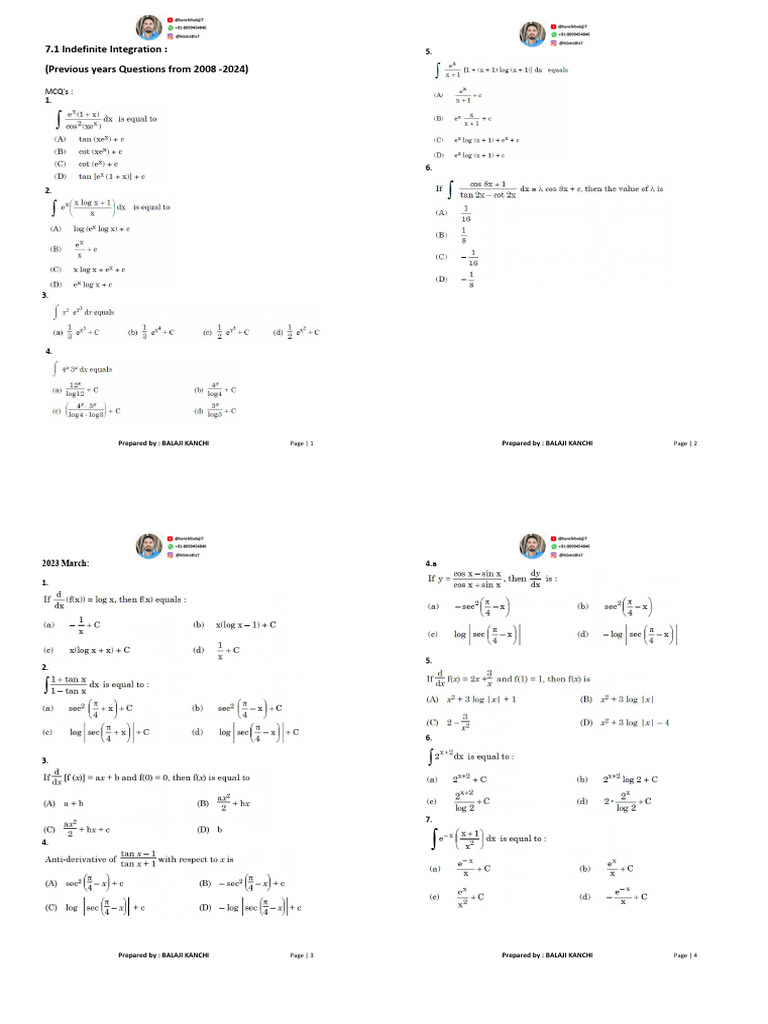 Indefinite Integration MCQs | PDF | Complex Analysis | Mathematical Objects