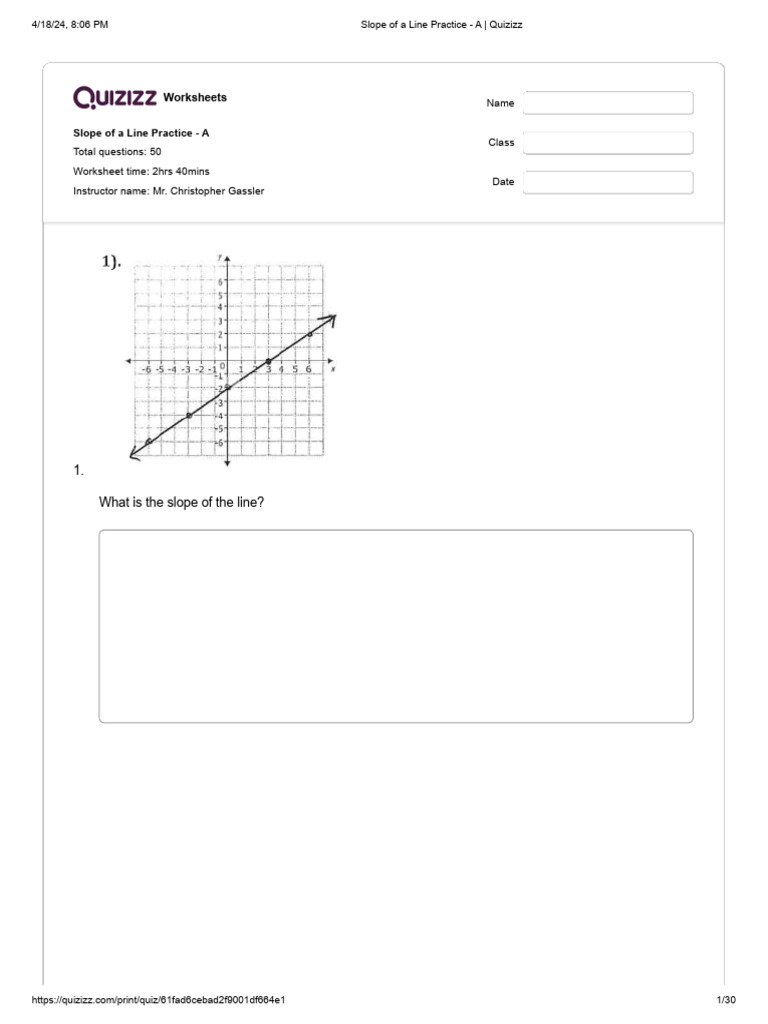 Slope of a Line Practice Worksheet | PDF