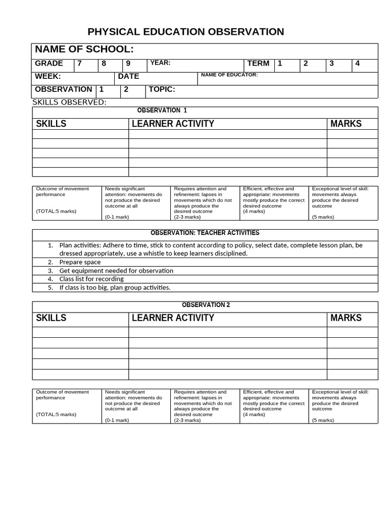 Lesson Plan Template Pe-Life Orientation-Observation Planning-2025 | PDF