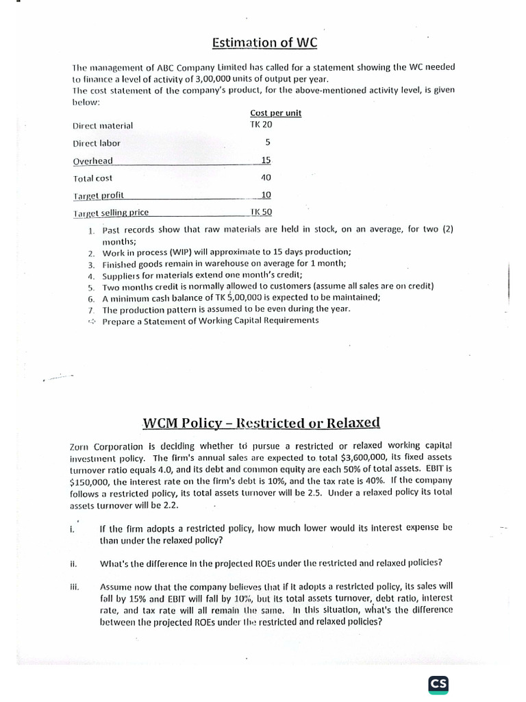 Working Capital Exercise | PDF