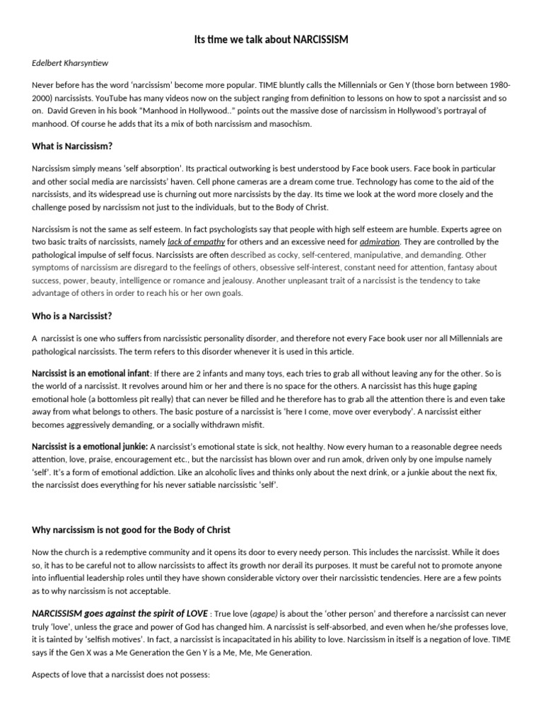 Its Time We Talk About NARCISSISM | PDF | Narcissism | Psychological ...