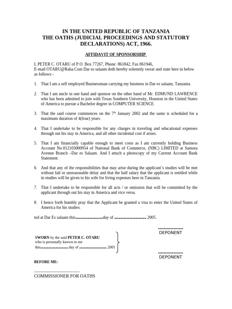 Affidavit of Sponsorship | PDF