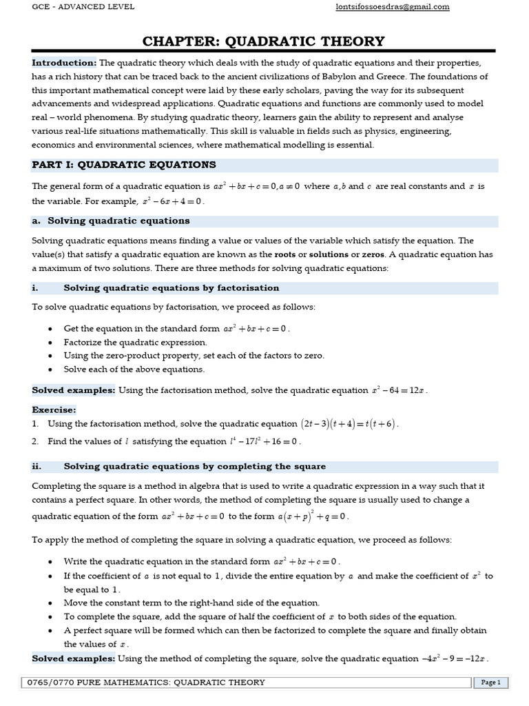 Quadratic Theory - 060942 | PDF | Equations | Quadratic Equation