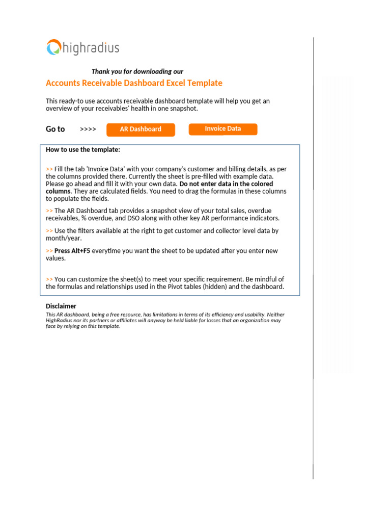 Free Accounts Receivable Dashboard Template | PDF | Microsoft Excel ...
