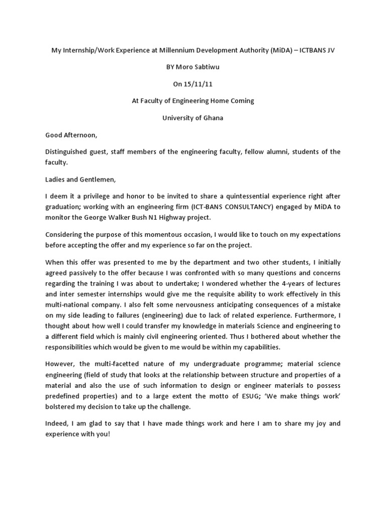 Internship Experience Speech Sabtiwu M | PDF | Internship | Job Hunting