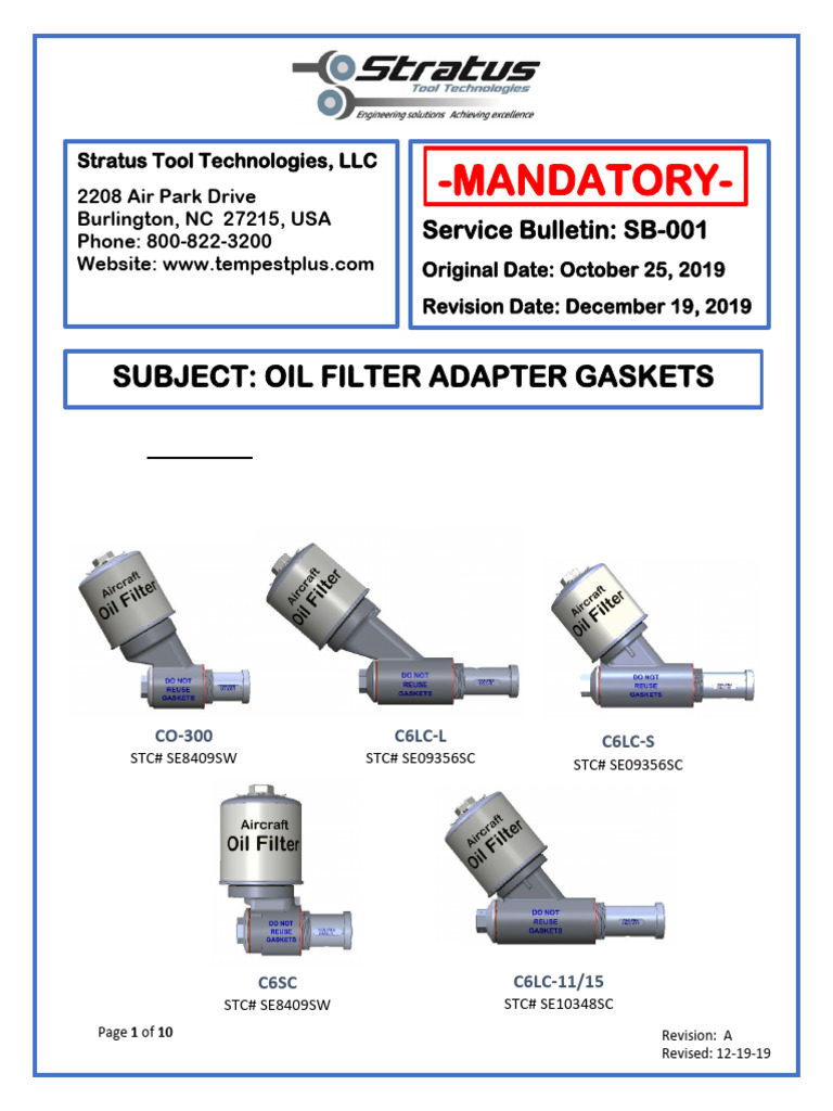 OilFilterAdapter - SB 001 - Rev A Dated 12 19 19 | PDF | Aviation