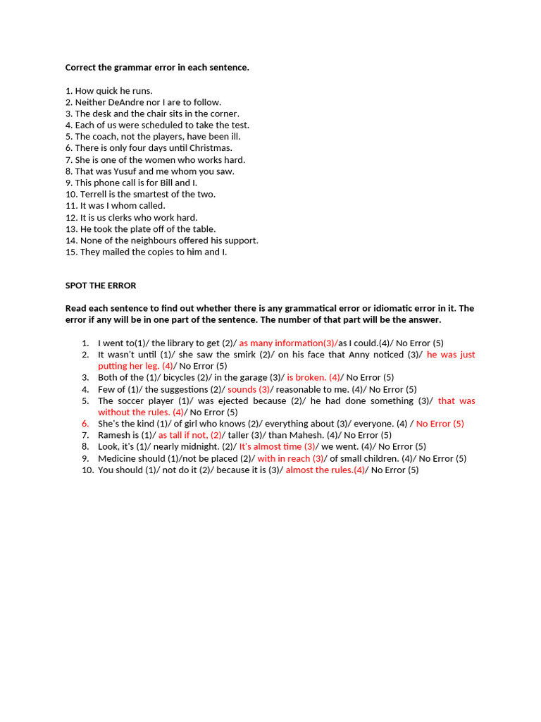 Practice Work Sheet Sentence Correction - Spotting The Error | PDF