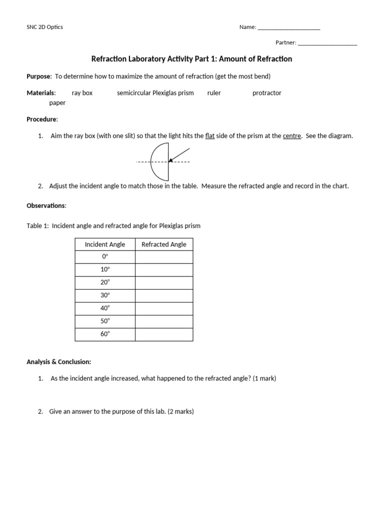 13c Investigating Refraction Lab Pdf Refraction Refractive Index