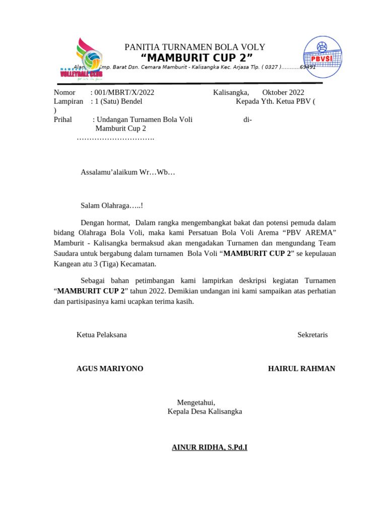 Undangan Turnamen Voly - Fix | PDF