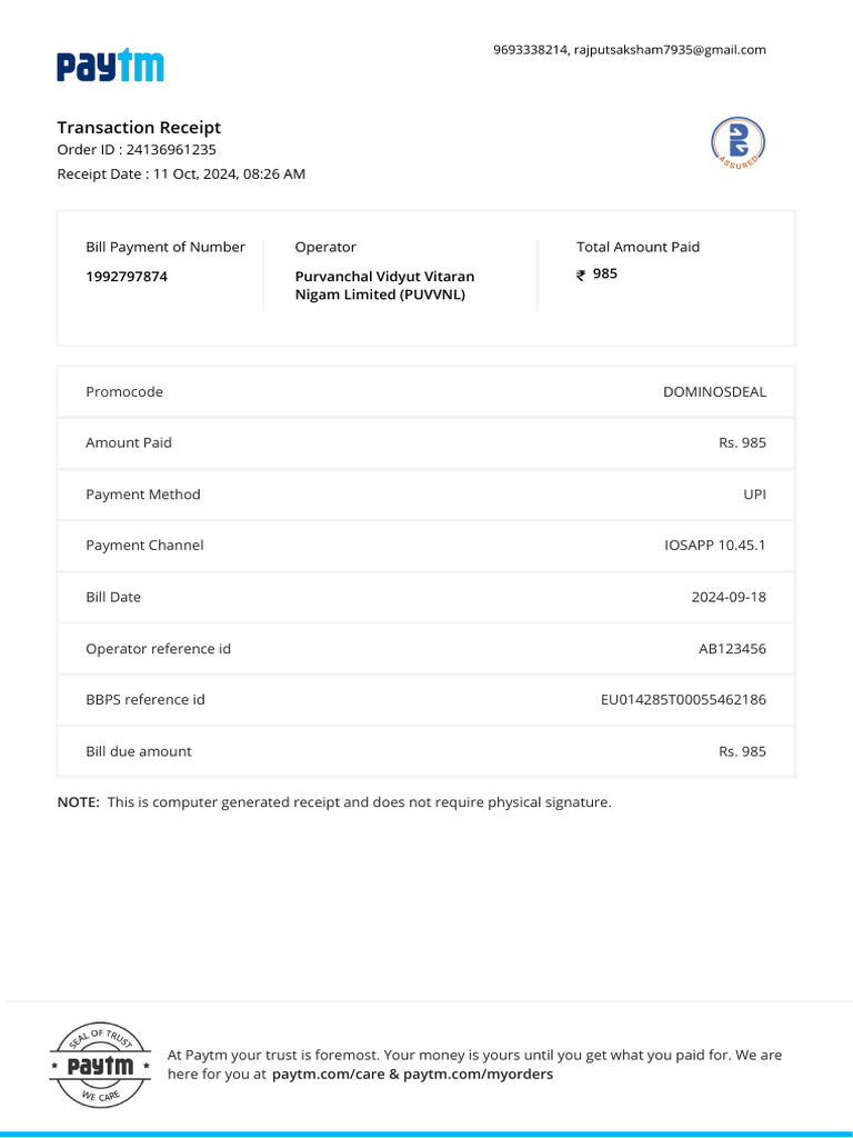 Bill Payment Receipt for PUVVNL | PDF