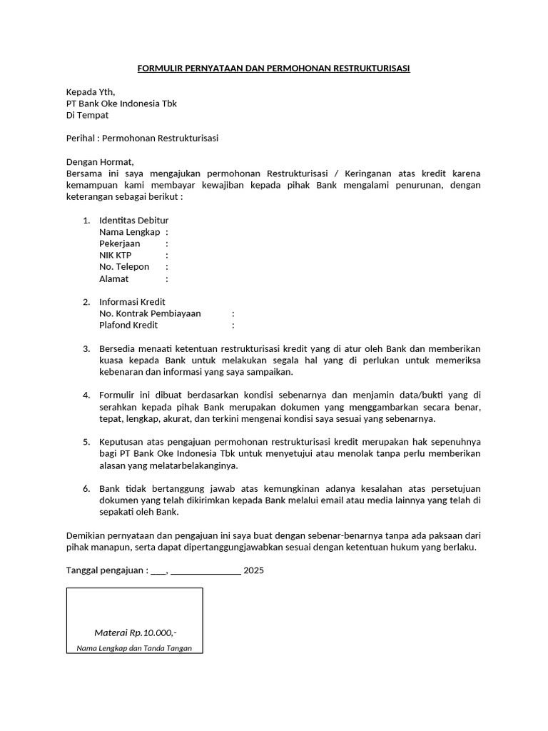 Form Pernyataan & Pengajuan Restrukturisasi | PDF