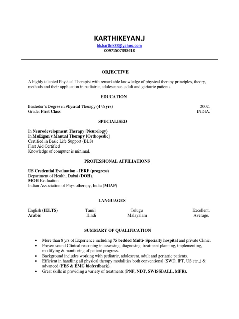 Karthikeyan.J: Objective | PDF | Physical Therapy | Patient