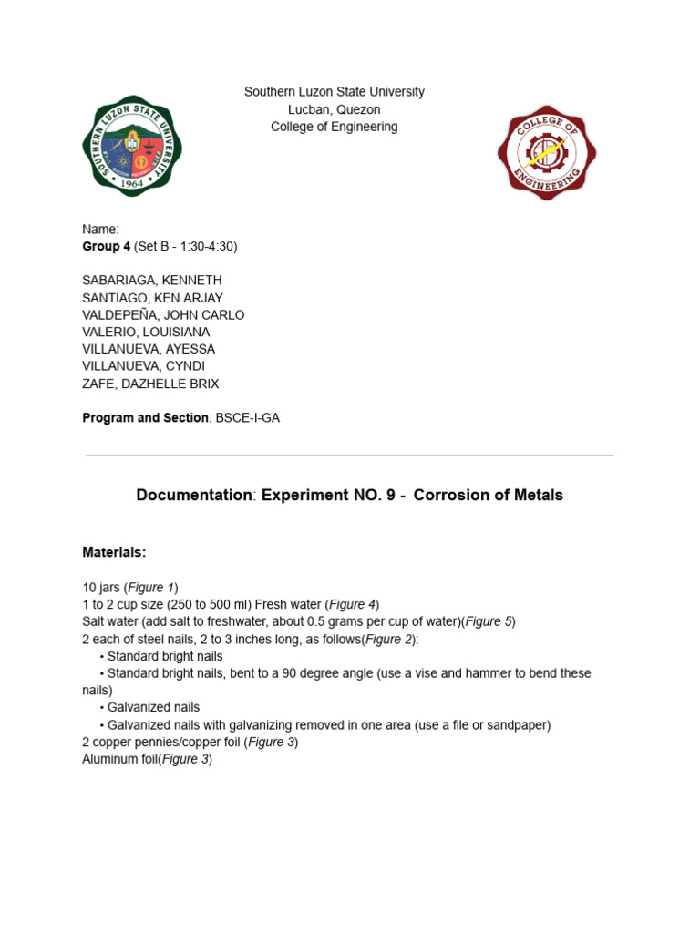 Documentation - Experiment NO. 9 - Corrosion of Metals - Group 4 | PDF | Rust | Corrosion