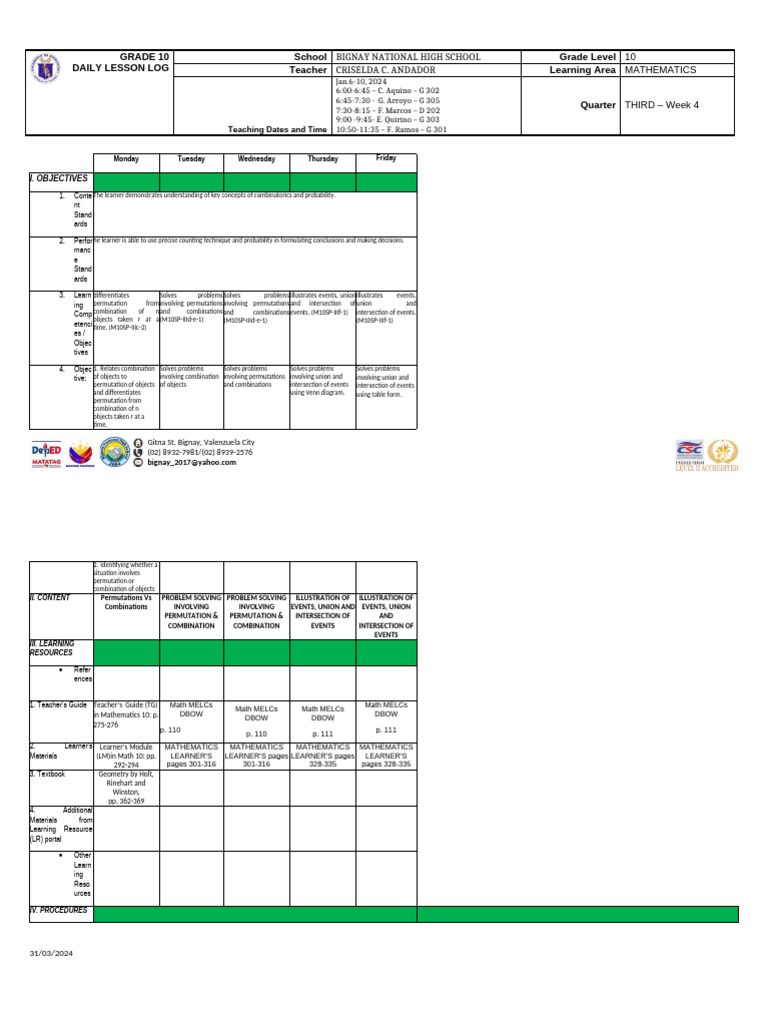 DLL Q3 W4 | PDF | Mathematics | Science