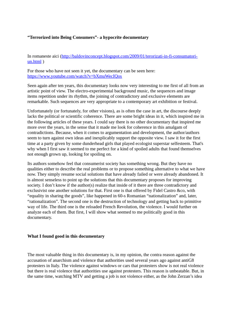 "Terrorized Into Being Consumers" - A Hypocrite Documentary | PDF ...