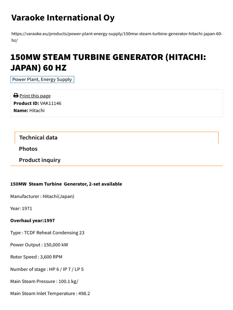 150MW Steam Turbine Generator (Hitachi_ Japan) 60 Hz _ Varaoke ...