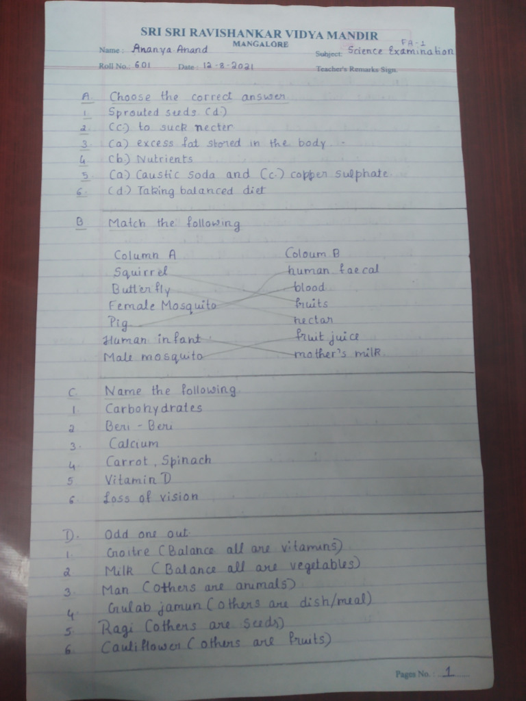 Ananya Anand Science Answer Sheet FA1 | PDF