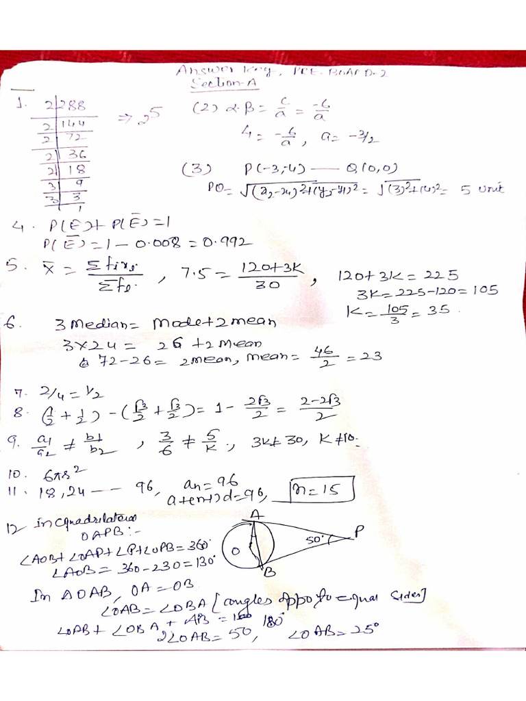 Class 10 Maths Answer Key Pre Board 2 | PDF