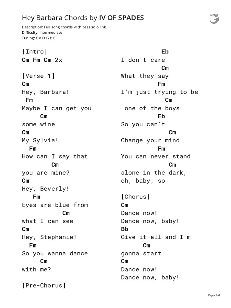 Hey Barbara Chords by IV OF SPADEStabs at Ultimate Guitar Archive | PDF ...