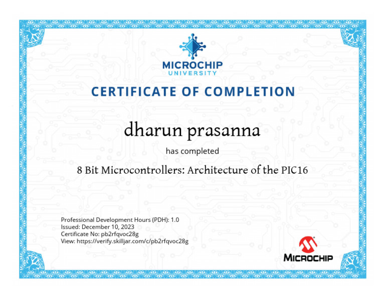 PIC16 Microcontroller Course Certificate | PDF