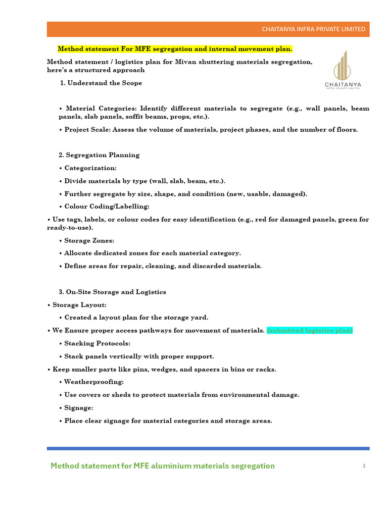MFE Seggregation Method Statement | PDF | Logistics