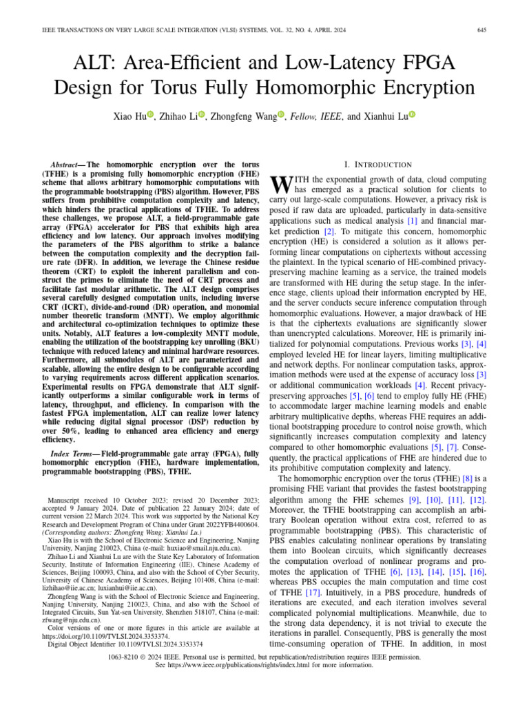 Alt Area Efficient And Low Latency Fpga Design For Torus Fully Homomorphic Encryption Pdf