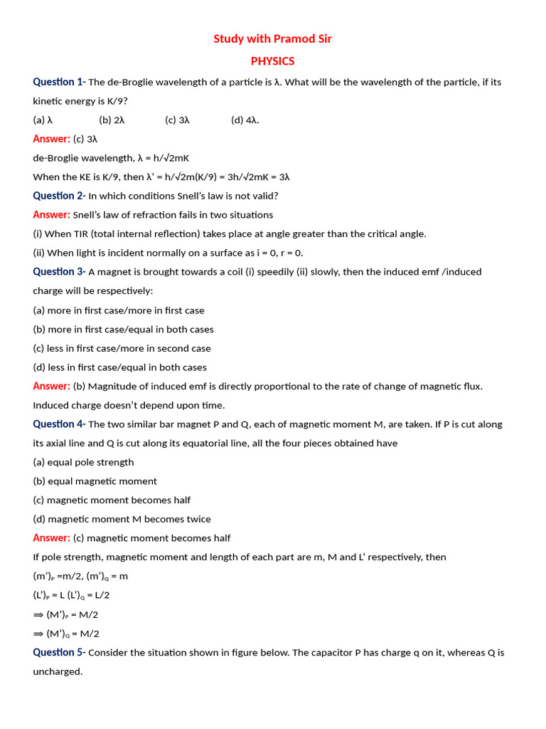 Physics Questions and Answers Guide | PDF | Electromagnetic Induction ...