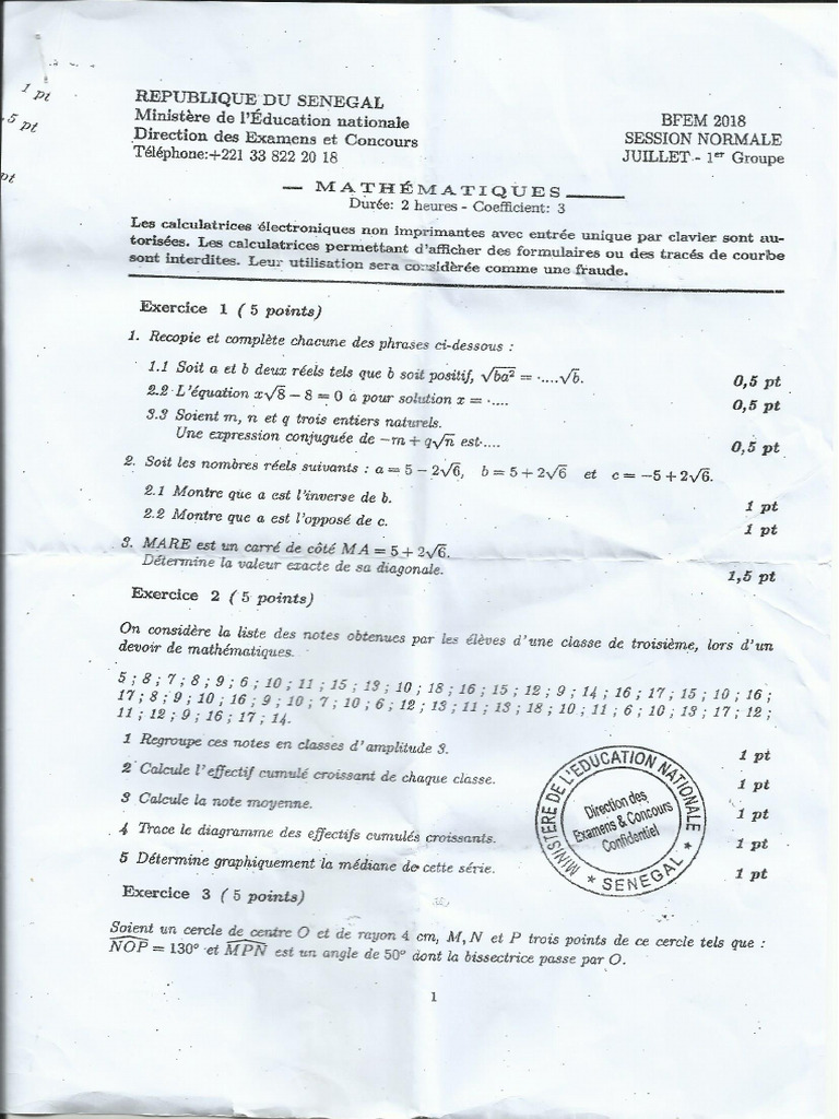 Sujet Bfem 2018 Mathematiques, Senegal | PDF