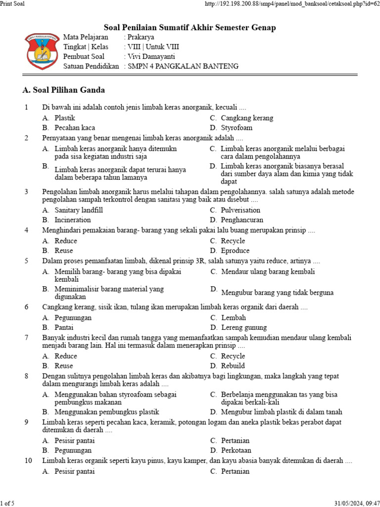 Soal Prakarya Kelas VIII Semester Genap | PDF