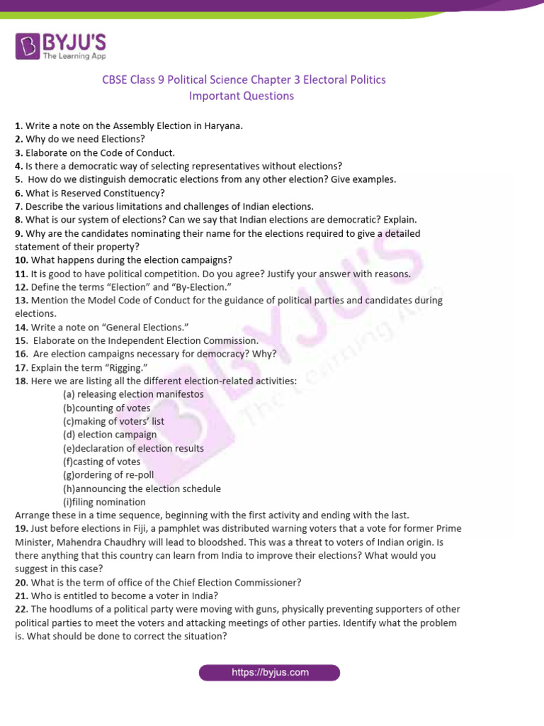 CBSE Class 9 Political Science Chapter 3 Electoral Politics Important Questions | PDF ...