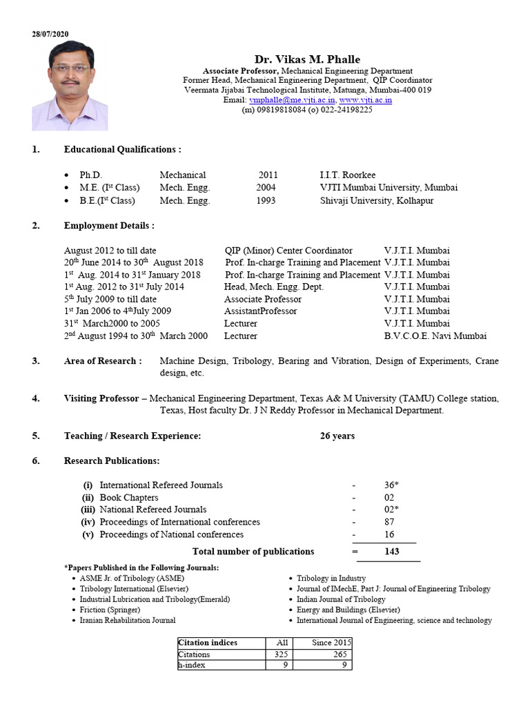 VIKAS PHALLE CV For VJTI Website | PDF | Mechanical Engineering
