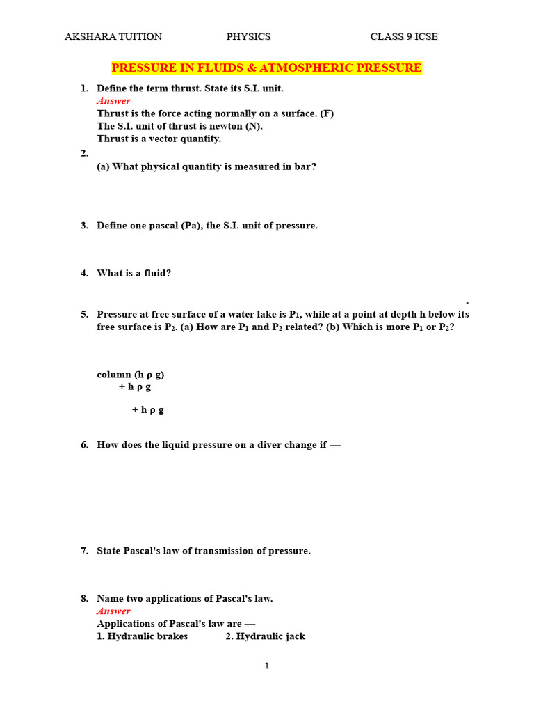 Class 9 Icse Phy Rev Note | PDF | Pressure | Atmospheric Pressure