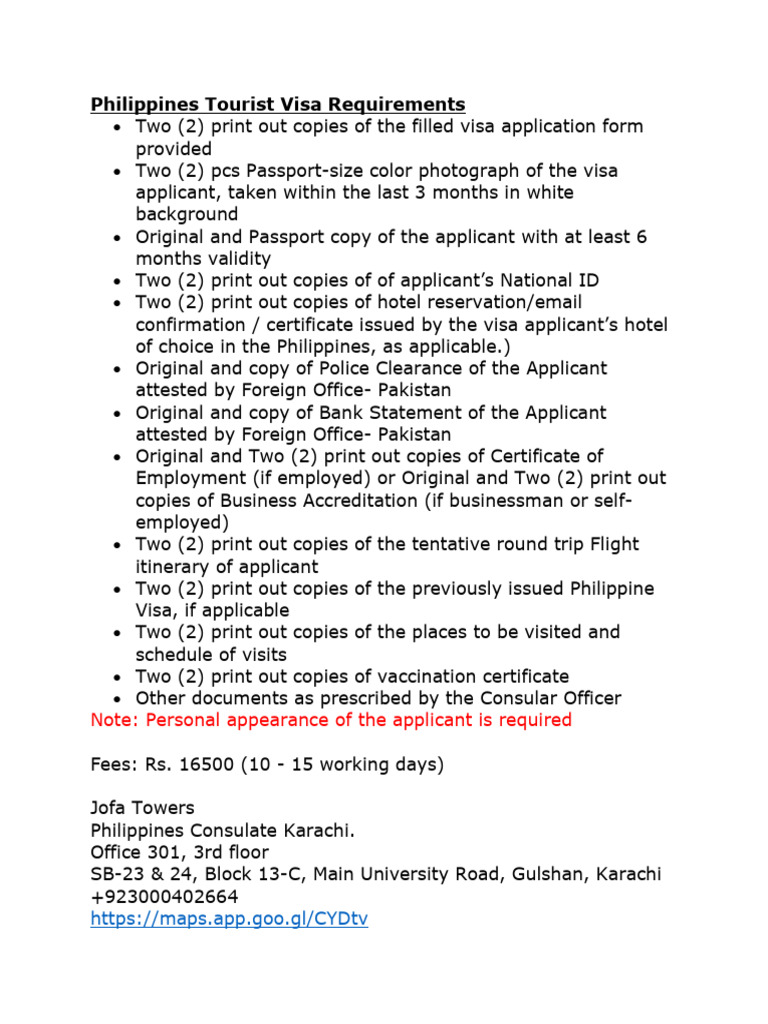 Philippines Tourist Visa Requirements Guide | PDF