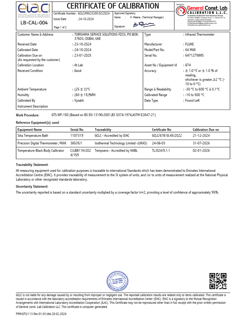 Infrared Thermometer Calibration Certificate | PDF | Calibration ...