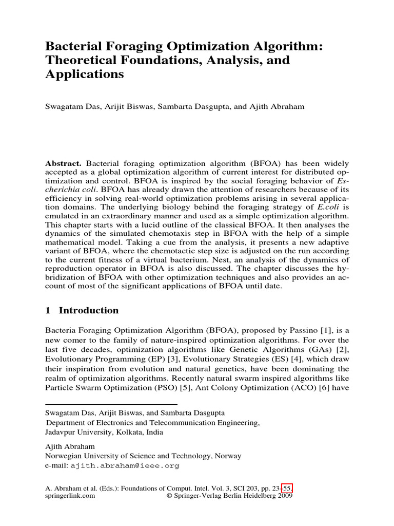 Bacterial Foraging Optimization Algorithm Theoretical Foundations