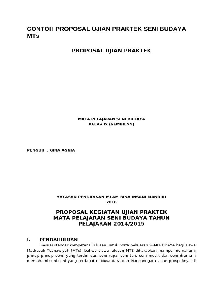 Contoh Proposal Ujian Praktek Seni Budaya Mts | PDF