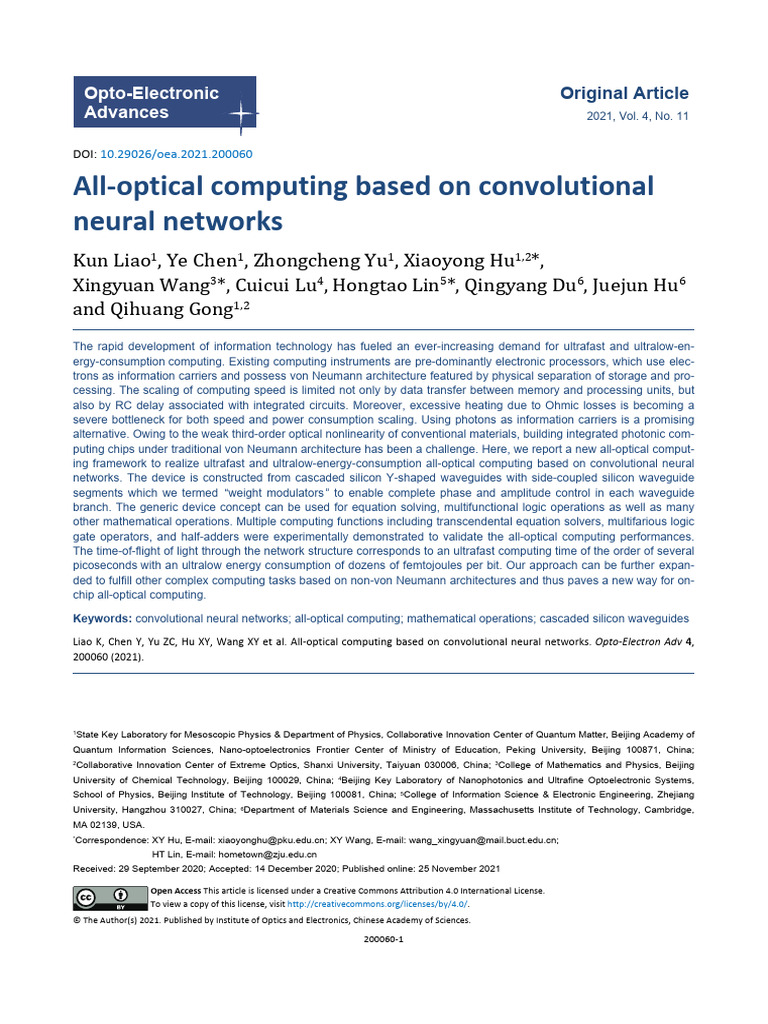 All-Optical Computing Based On Convolutional Neural Networks | PDF | Computing | Ultrashort Pulse