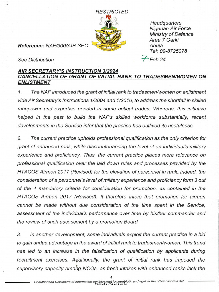 Air Secretary's Instuction 3-2024 Cancellation of Grant of Initial Rank To Tradesmen-Women On ...