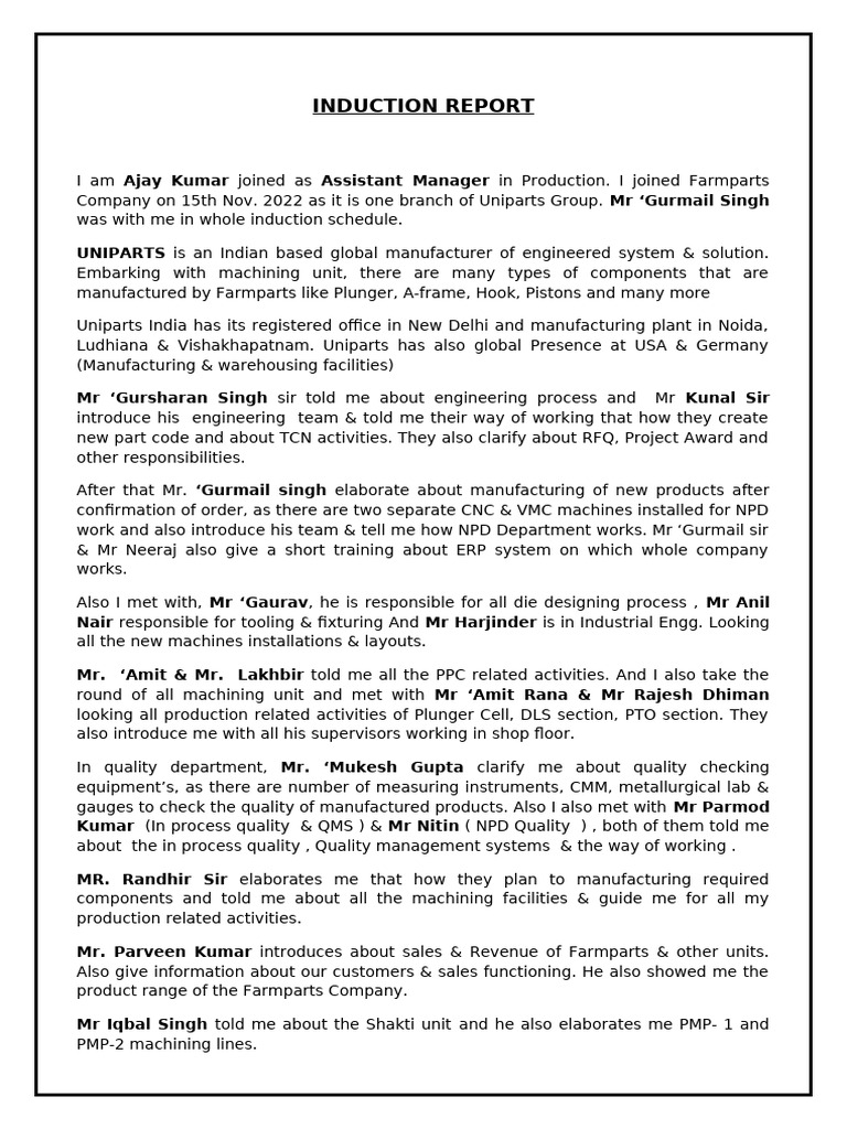 Induction Report | PDF | Production And Manufacturing