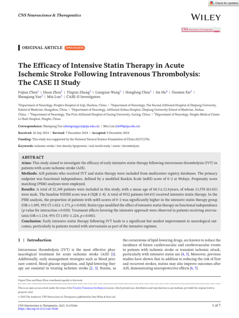 CNS Neuroscience Therapeutics - 2025 - Chen - The Efficacy of Intensive Statin Therapy in Acute ...