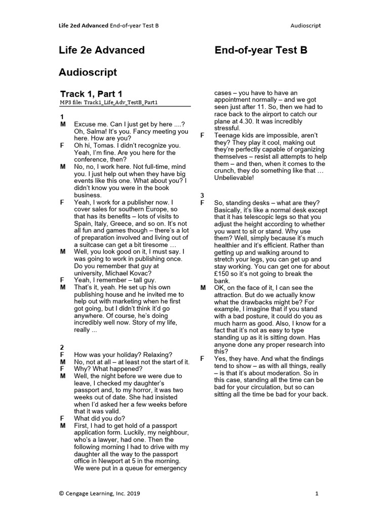 Life 2e Adv End-Of-Year TestB Audioscript | PDF | Fever | Clinical Medicine
